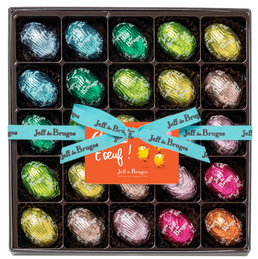 Chocolats Pâques, Boite de 25 oeufs fourrés sous alu - Jeff de Bruges